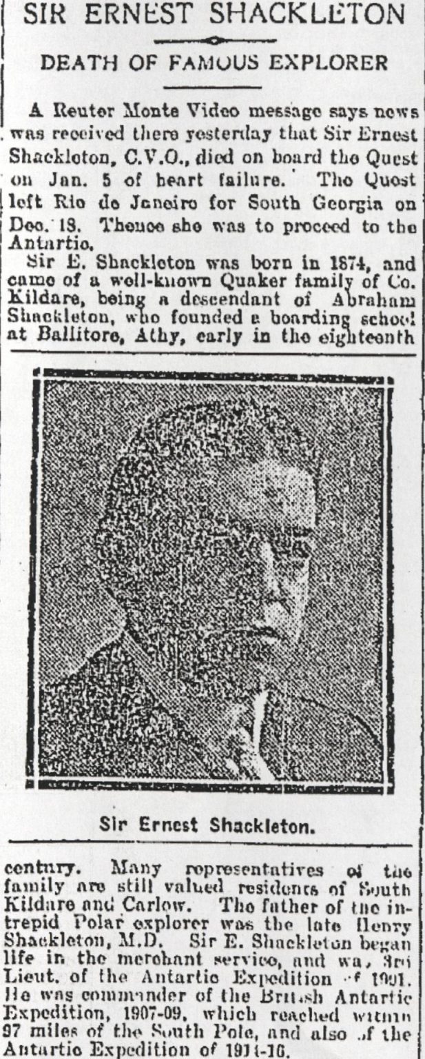 DEATH OF ERNEST SHACKLETON – Kildare eHistory Journal